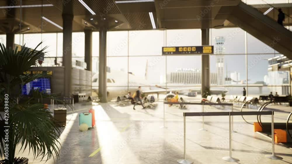 Airport terminal waiting hall with people in sunlight and airplane ...