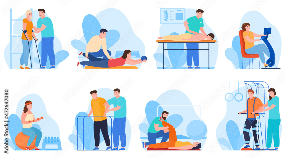 Physical therapy collection vector flat illustration. Set medical ...