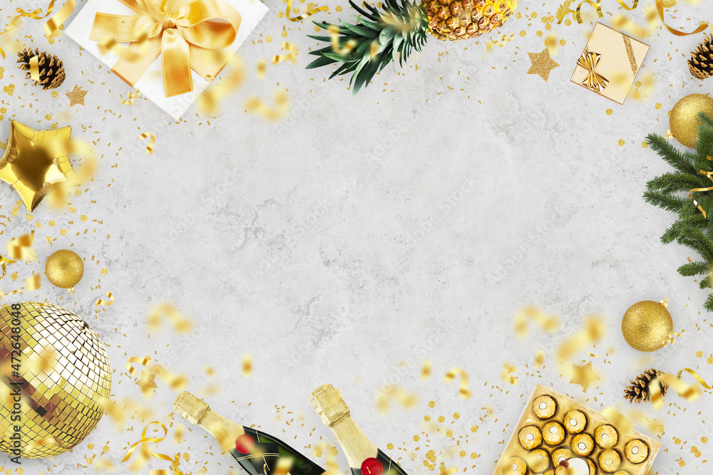 Festive gold things: gifts, champagne, gold mirror ball, pineapple ...