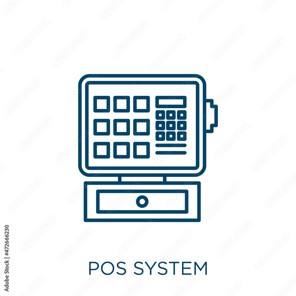pos system icon. Thin linear pos system outline icon isolated on white ...