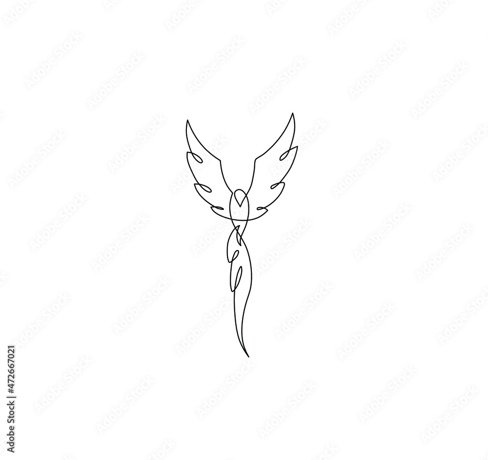 Vector isolated phoenix bird single line art drawing. Colorless black ...