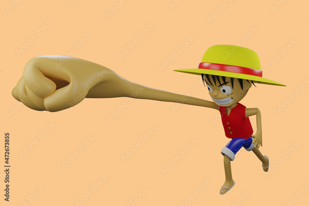 3D illustration of anime character. Punching Pose. Wearing a hat. Right ...