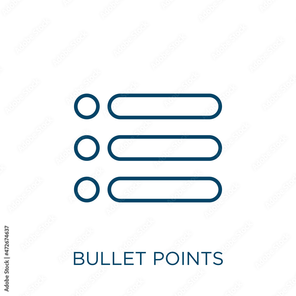 bullet points icon. Thin linear bullet points outline icon isolated on ...