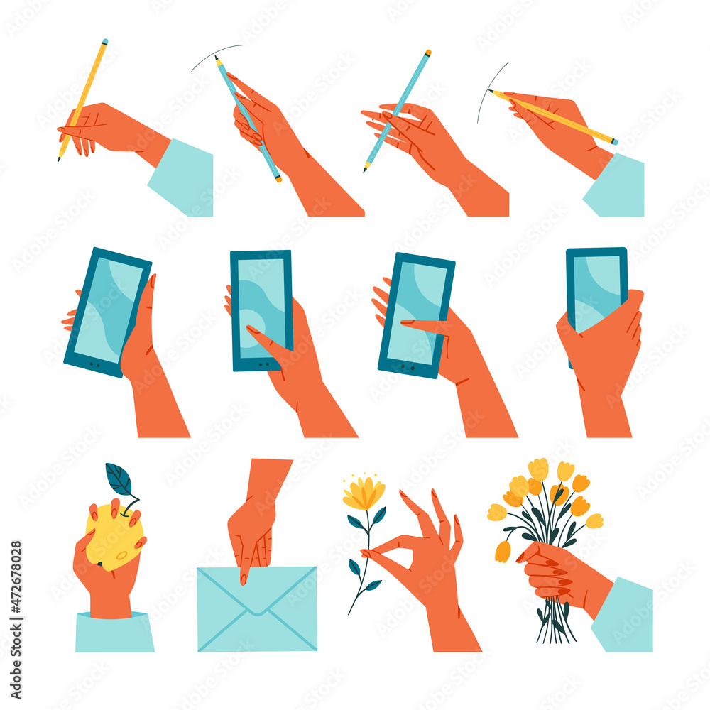 Set of hands holding different objects in various positions isolated on ...