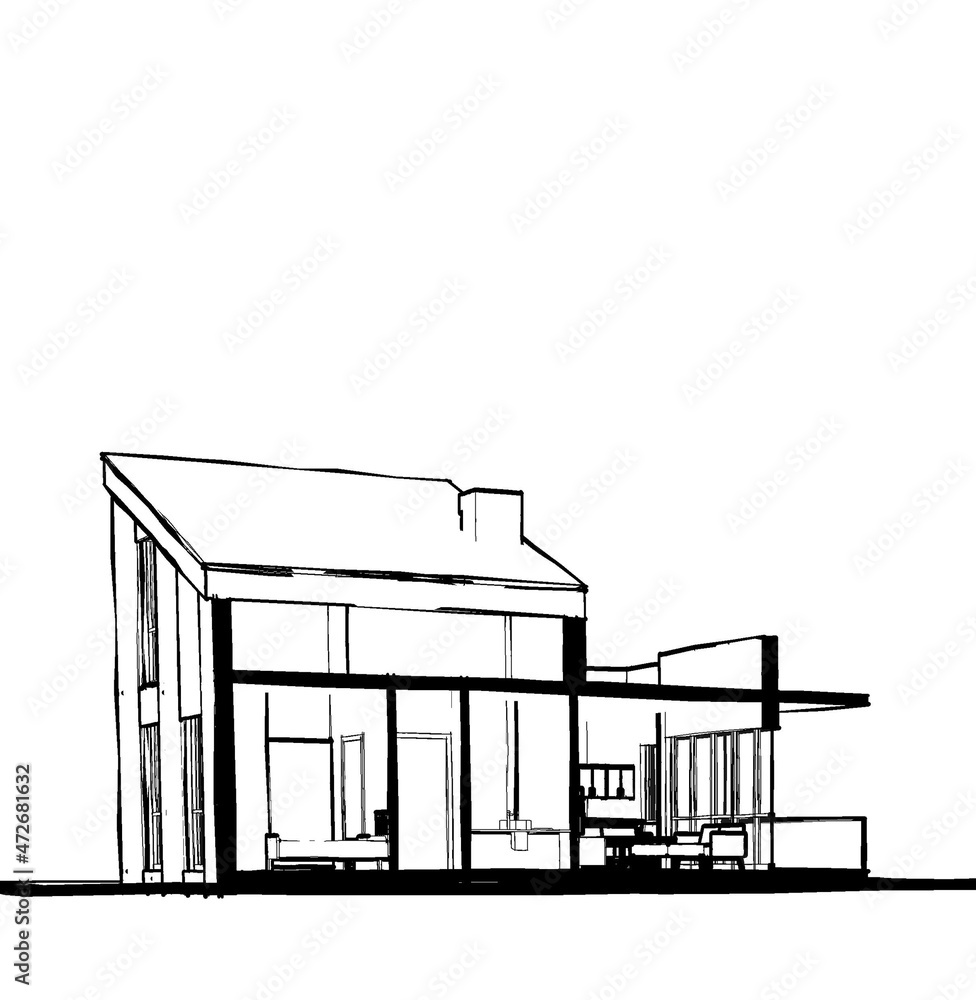3d illustration of a small modern house model of two floors with ...