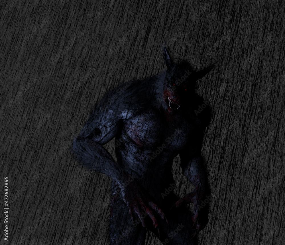 Illustration of a Werewolf Dogman cryptid with glowing red eyes in a ...
