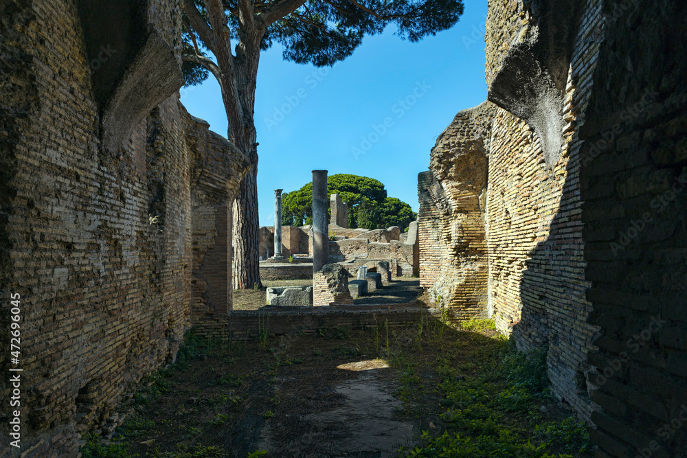 Suggestive path and glimpse in ancient Roman village with remains of ...