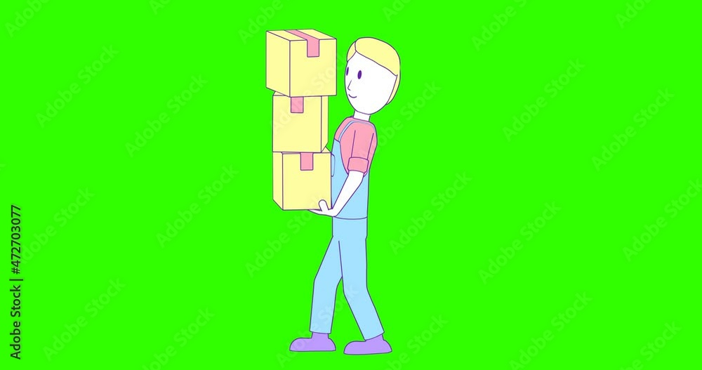 A cartoon handyman is carrying cardboard boxes. Animation of a man ...