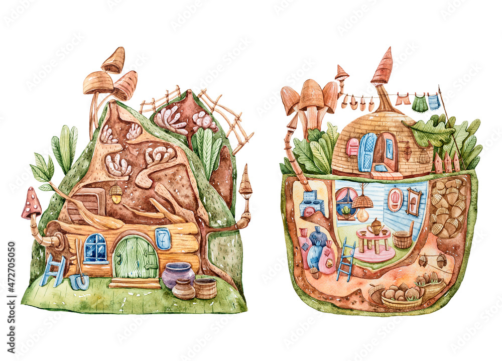 Watercolor cute animal house illustration set. Christmas cozy house ...