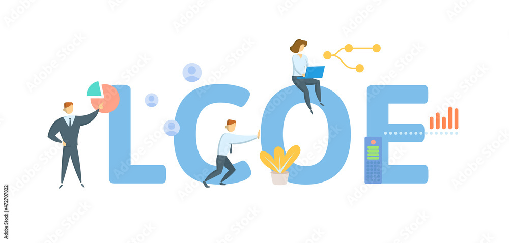 LCOE, Levelized Cost Of Energy. Concept with keyword, people and icons ...