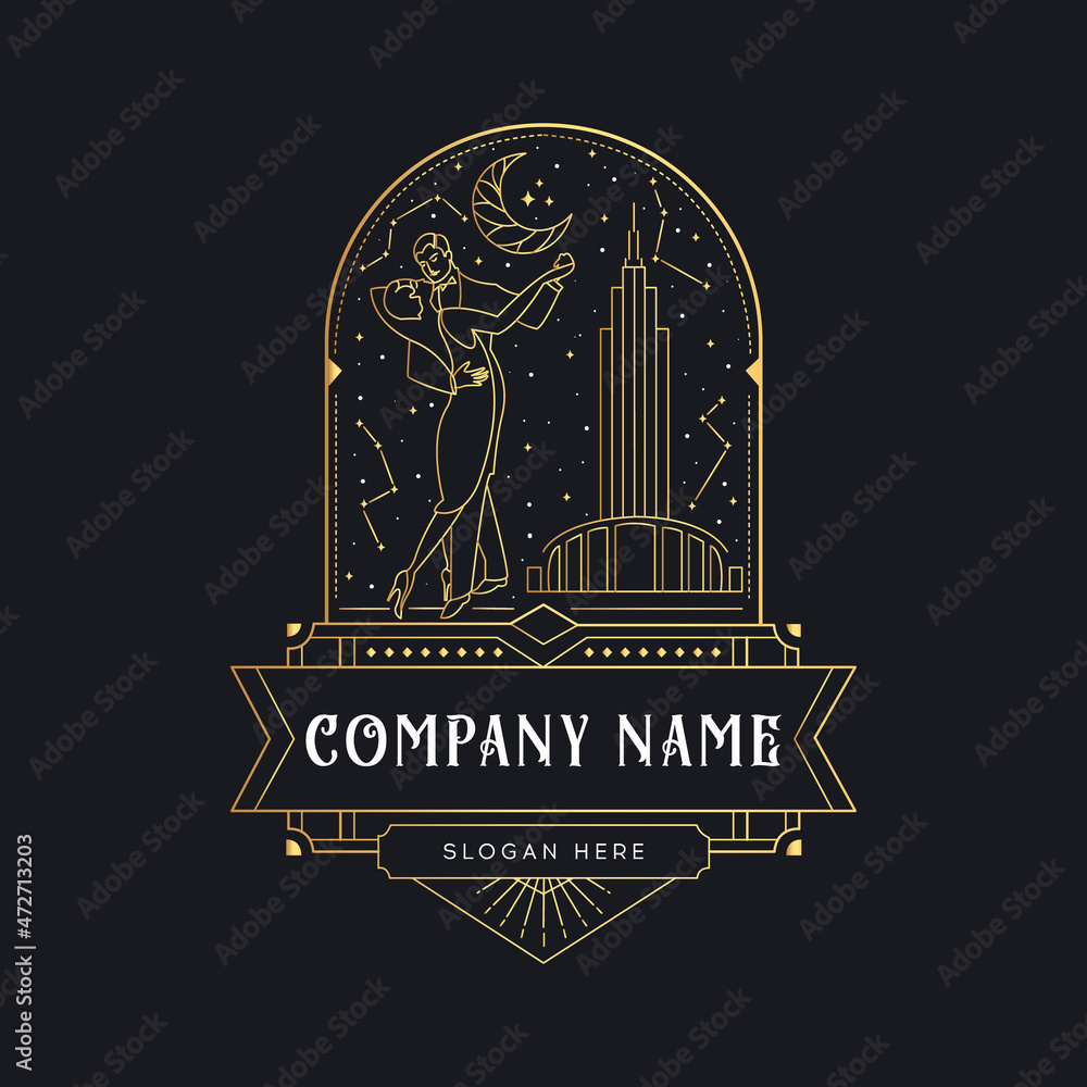 Art Deco Antique Gold Couple dancing Logo.Mono line monogram logo ...