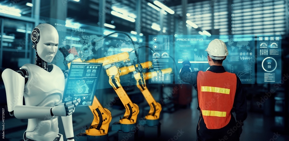 Mechanized industry robot and human worker working together in future ...