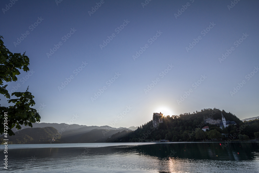 Panorama of the Bled lake, Blejsko Jezero, with its castle, Blejski ...