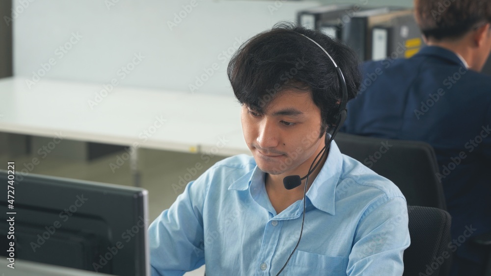 Call center young employee working with headset, Smiling customer ...