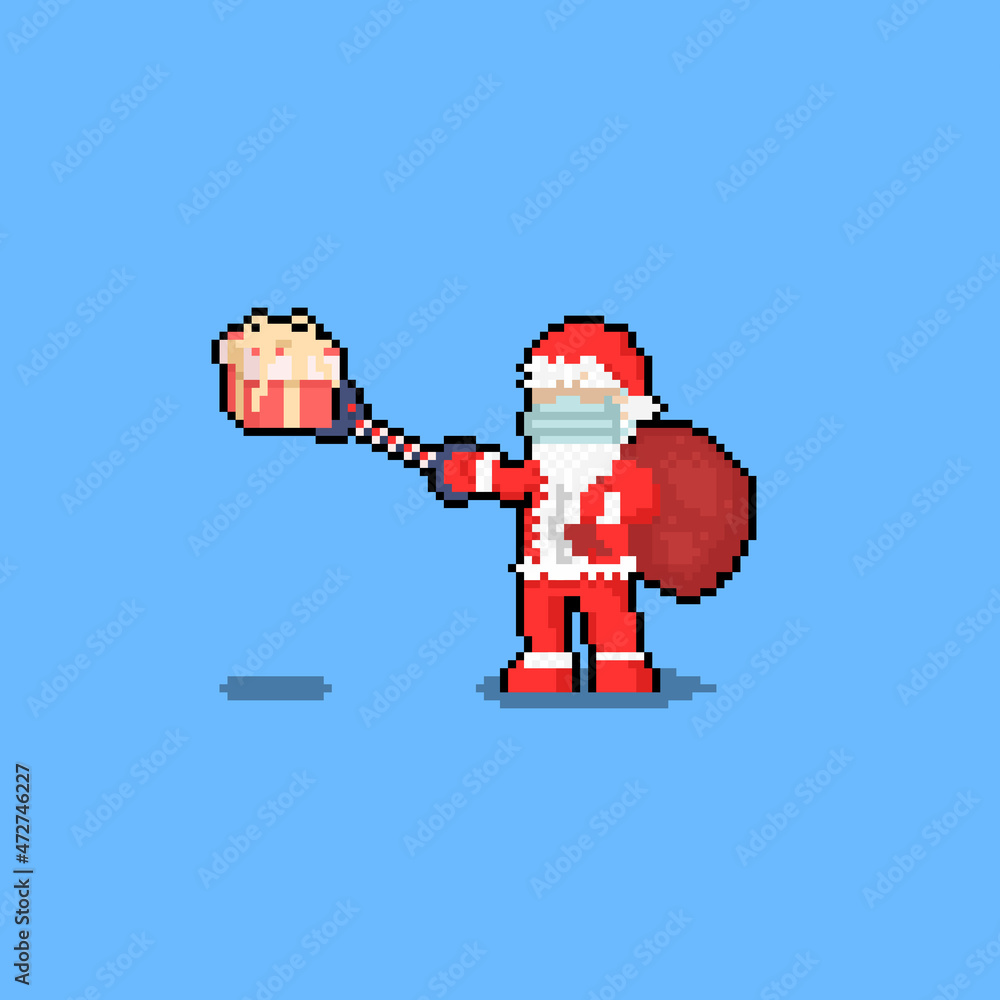 Pixel art santa claus character giving a gift pandemic edition. vector ...