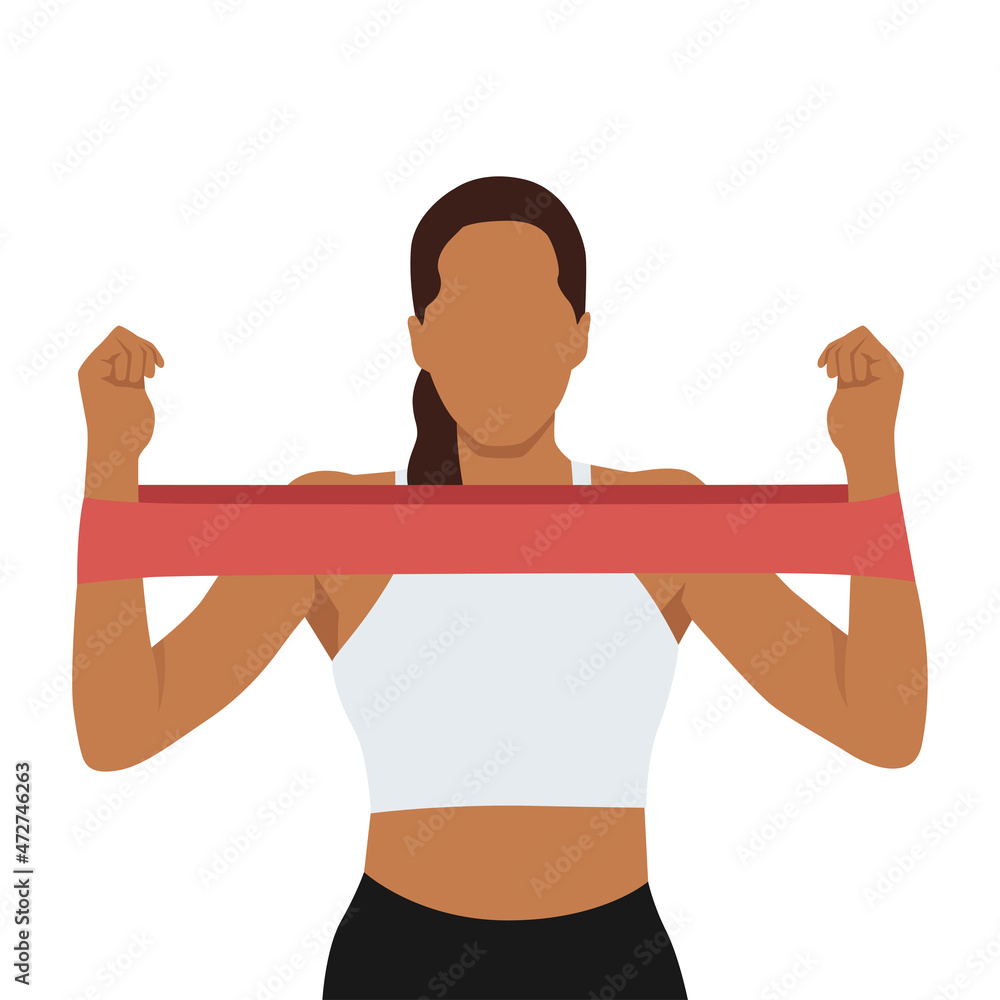 Woman doing toned arm stretch with resistance band exercise. Flat ...