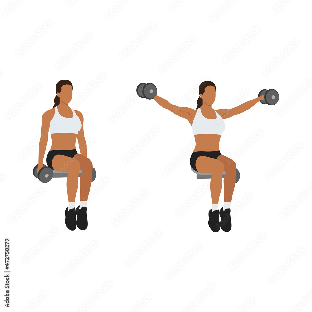 Woman doing Seated lateral. Side shoulder dumbbell raises exercise ...