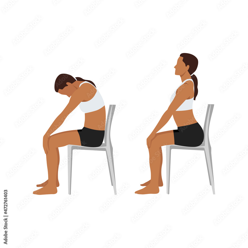 Woman doing Yoga. chair cat cow stretch exercise. Flat vector ...