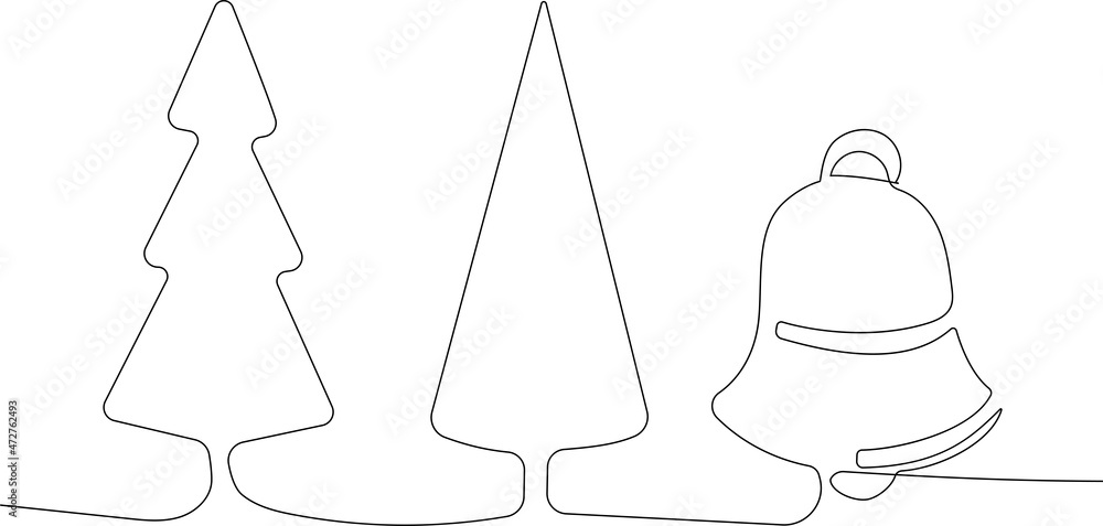 Continuous one line drawing of christmas symbols. Chistmas bells ball ...