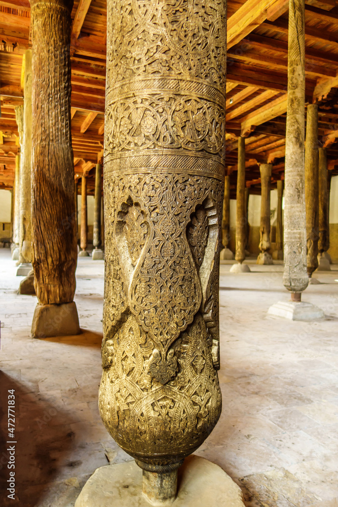 Close up view of one of columns in Juma Mosque, Khiva, Uzbekistan ...