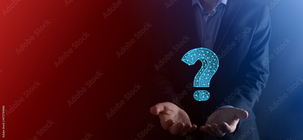 Question mark. 3d abstract on dark background with dots and stars. Ask ...