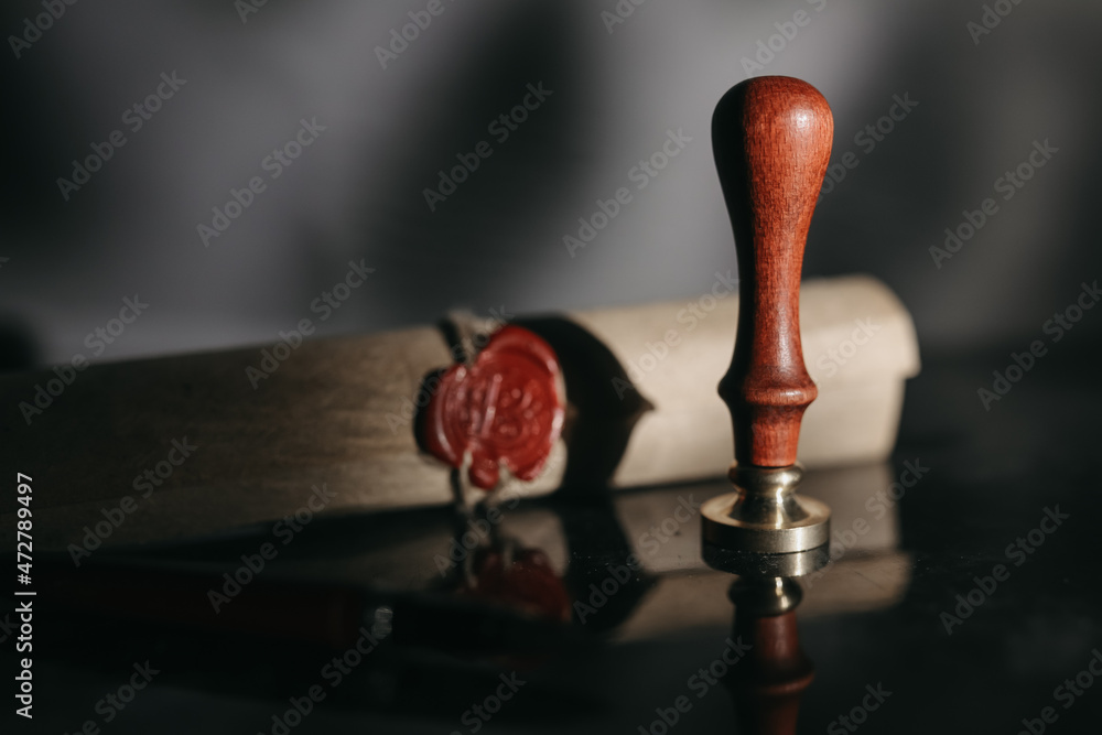 Last will theme. Document with wax seal and stamp in notary office ...