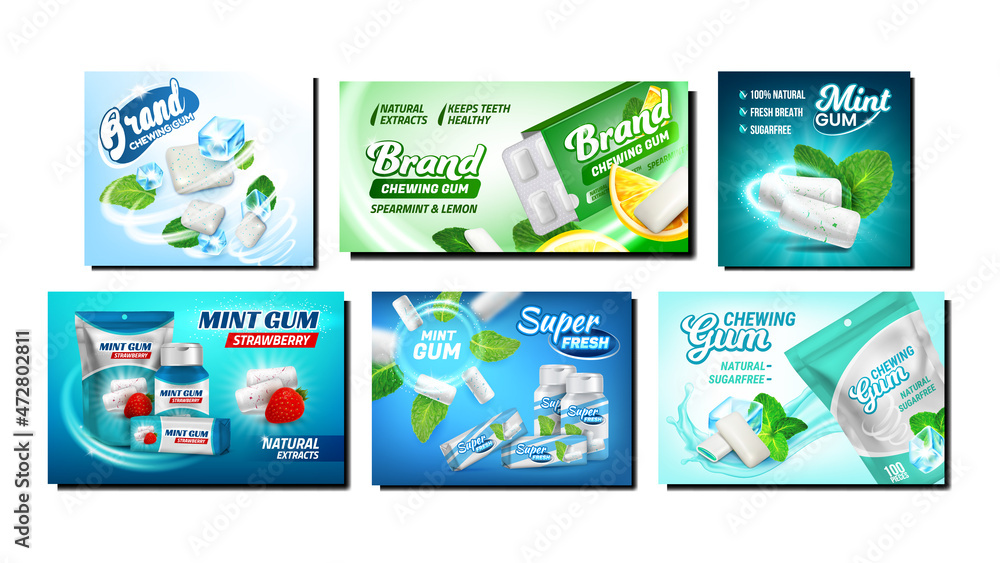 Chewing Gum Creative Promotion Posters Set Vector. Gum With Mint And ...