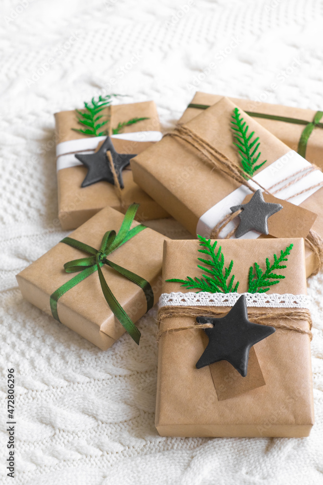 Vintage gift boxes on white background. Eco style gift wrapping ...