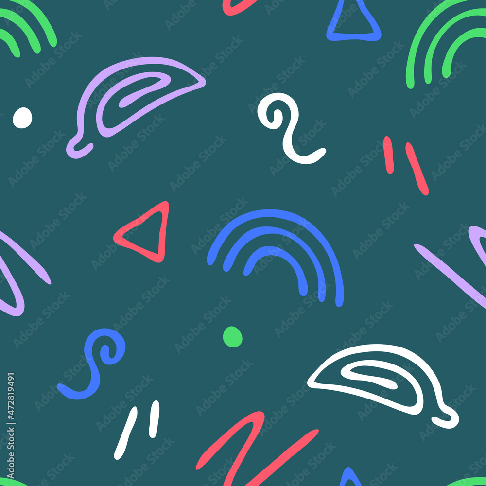 Seamless vector pattern with fun shapes on dark green background ...