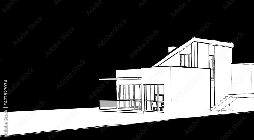 3d illustration of a small modern house of two floors with pitched roof ...