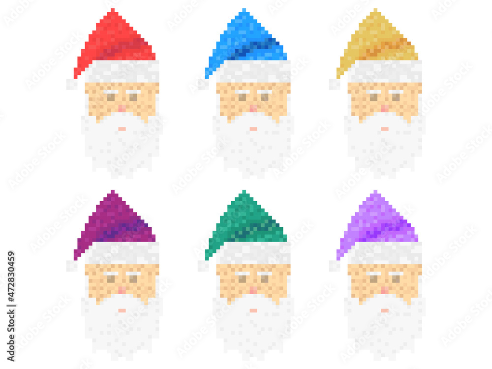 Pixel face of Santa Claus in hats of different colors set of icons ...