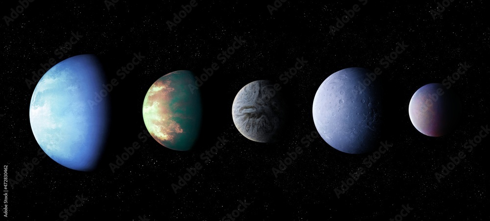 Five realistic planets on a black background. Exoplanets of different ...