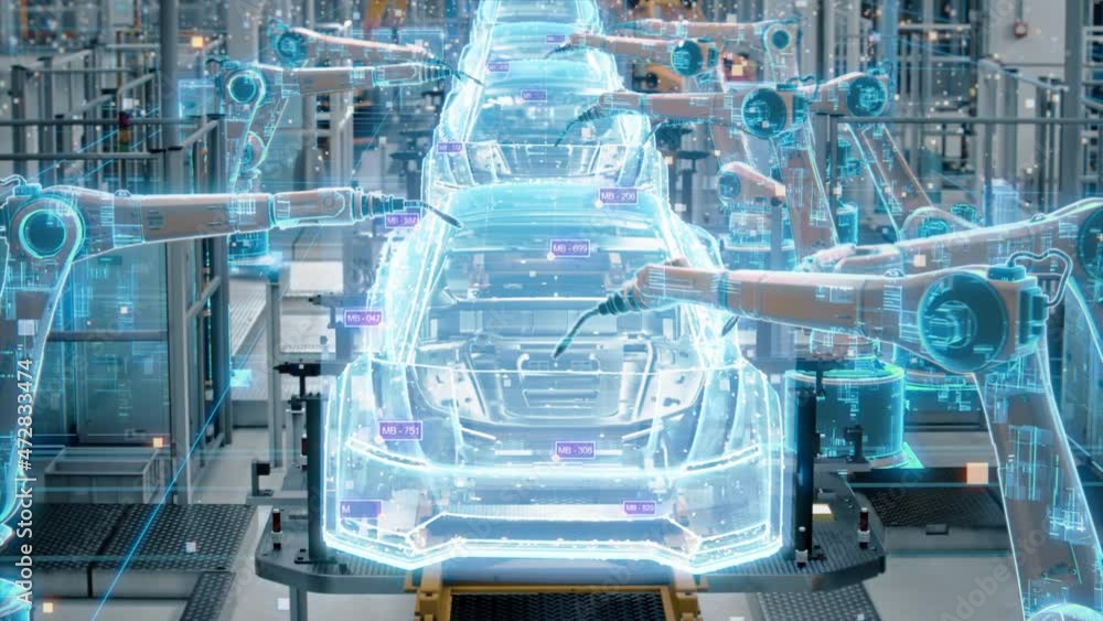 Front View Car Factory Digitalization: Automated Robot Arm Assembly Line Manufacturing High-Tech ...