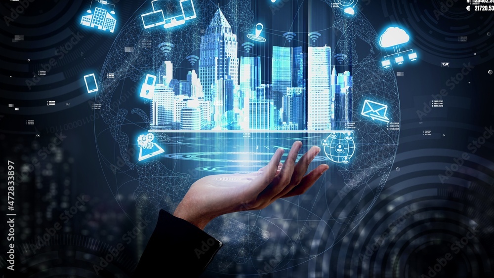 Smart city wireless communication network with graphic showing ...