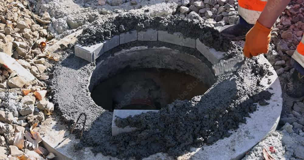 Sewerage construction with utility worker preparation for installing ...