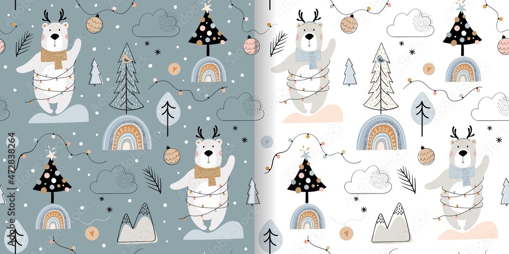 Christmas winter seamless patterns set for kids with cute bears, trees ...
