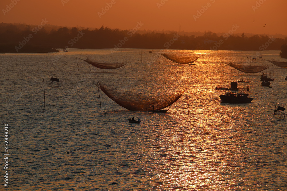 Aerial view of the iconic stationary lift nets fish trap in Cua Dai ...