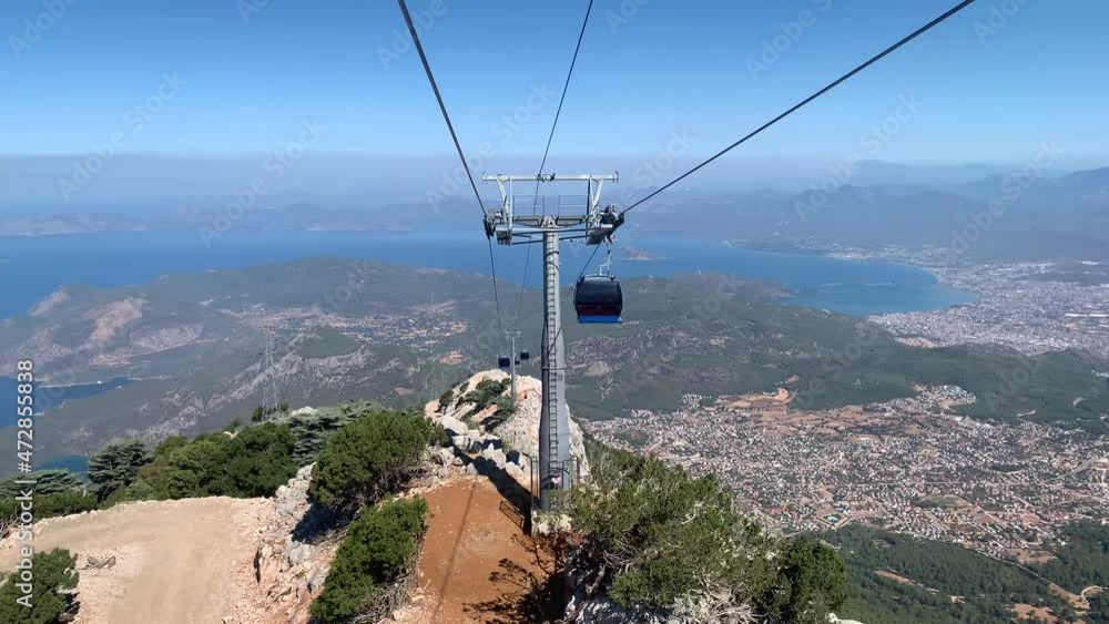 Cable car to Mount Babadag. Lifting car on a high mountain. View from ...