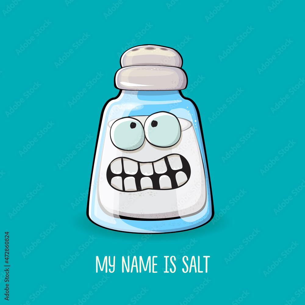Cute cartoon salt shaker with smiling faces isolated on turquoise ...