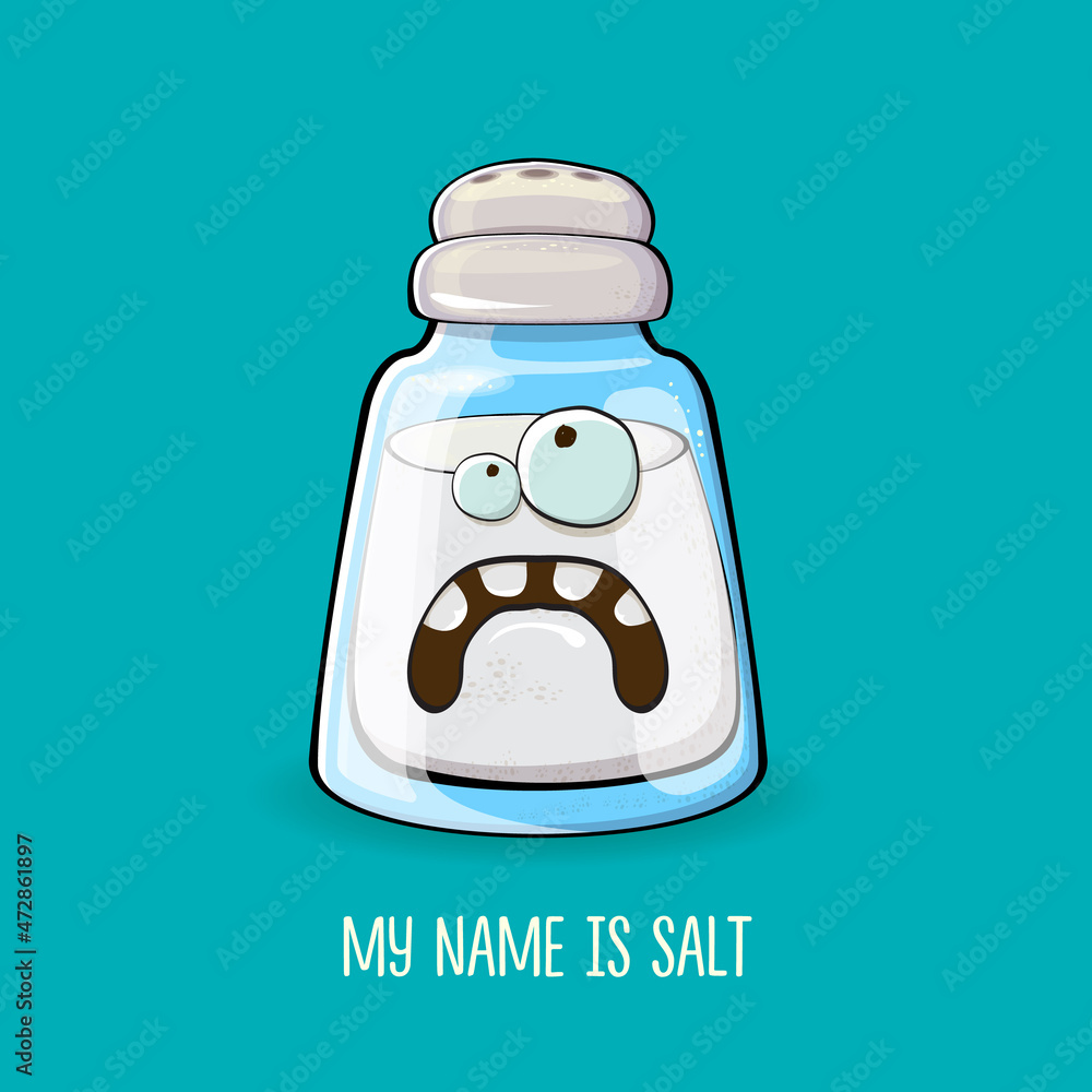 Cute cartoon salt shaker with smiling faces isolated on turquoise ...