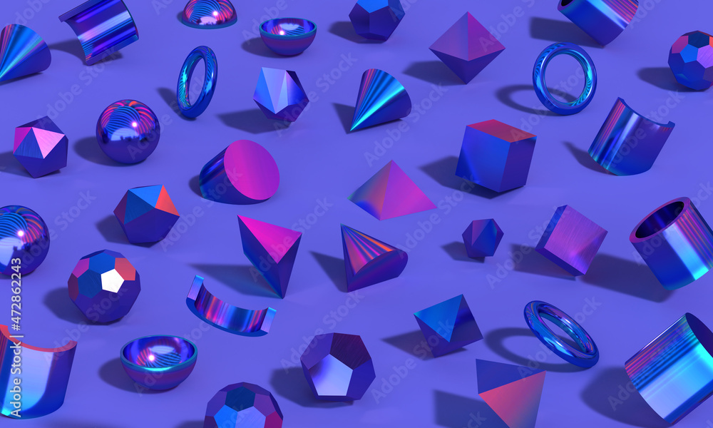 Chrome geometric shapes with idiriscent reflections. Spheres, squares ...