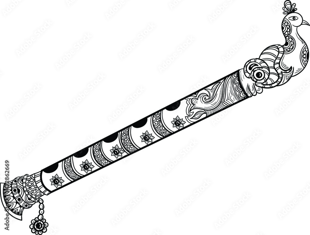 Artistic line drawing of Indian Classical Music Instrument flute ...