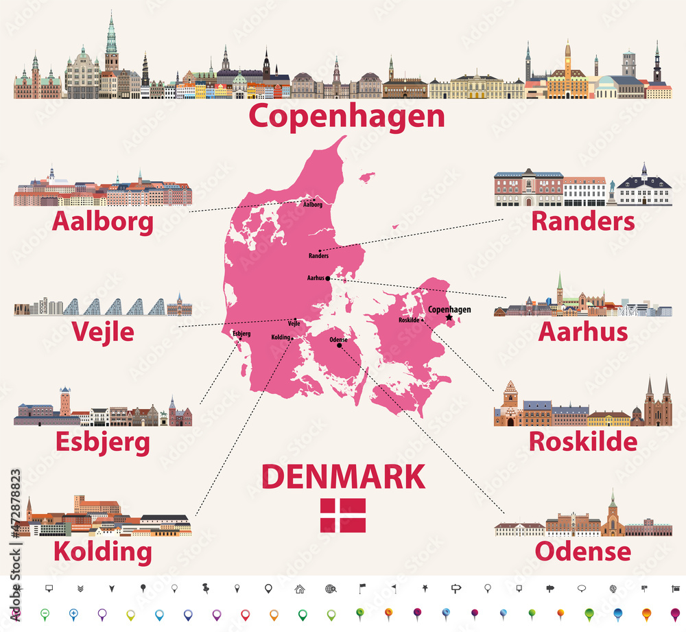 Denmark map with main cities skylines vector illustration Stock Vector ...