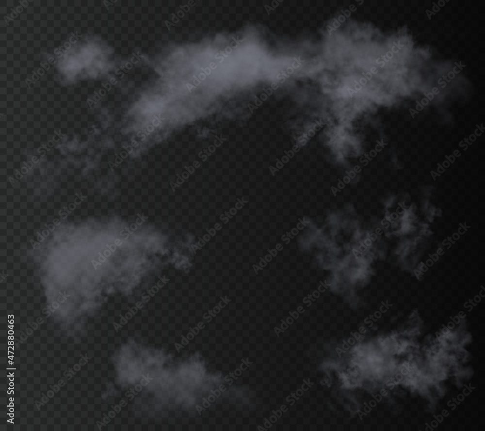 Set of the gray vector realistic clouds isolated on dark transparent ...