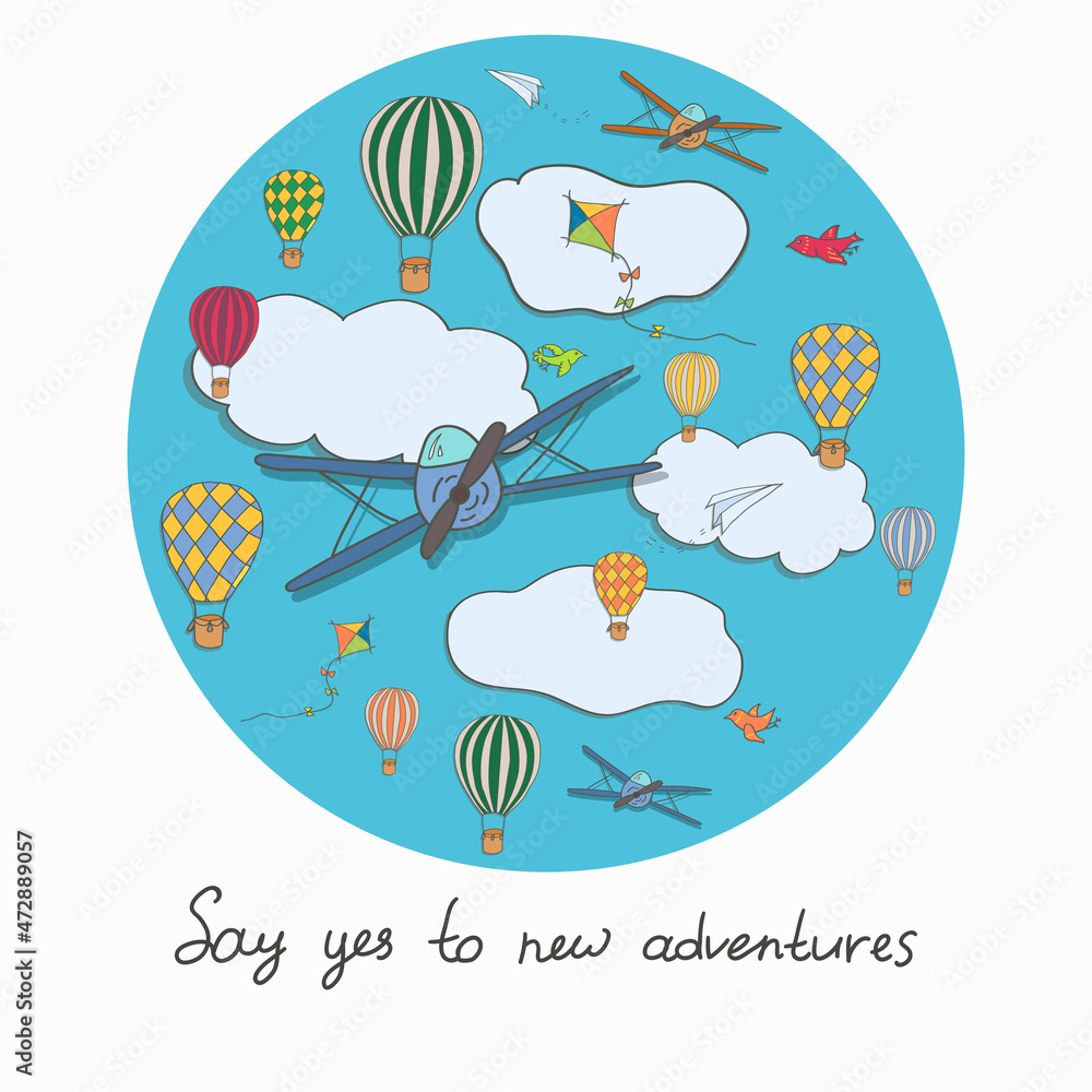 Vector round template with hot air baloons, planes flying in the blue ...
