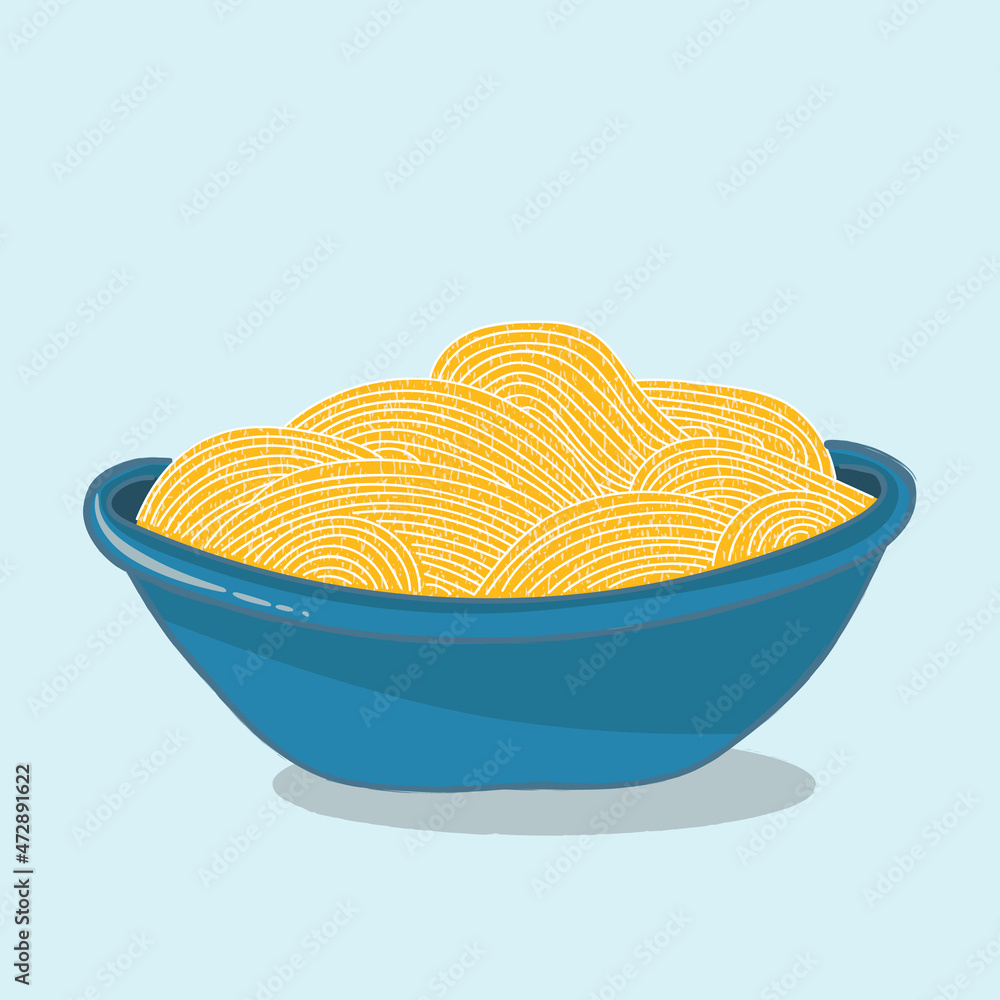 Vector illustration, blue bowl full of yellow noodles. Flat ...