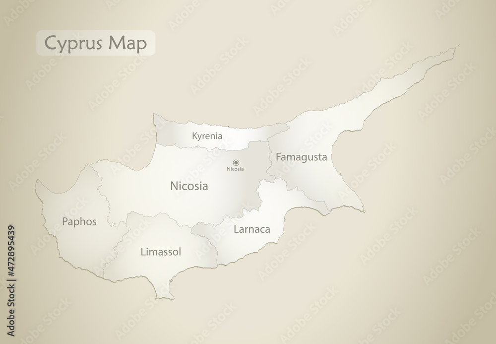 Cyprus map, administrative division with names, old paper background ...