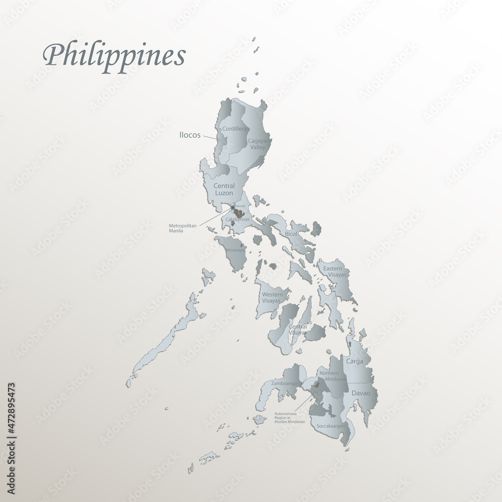 Philippines map, administrative division with names, white blue card ...