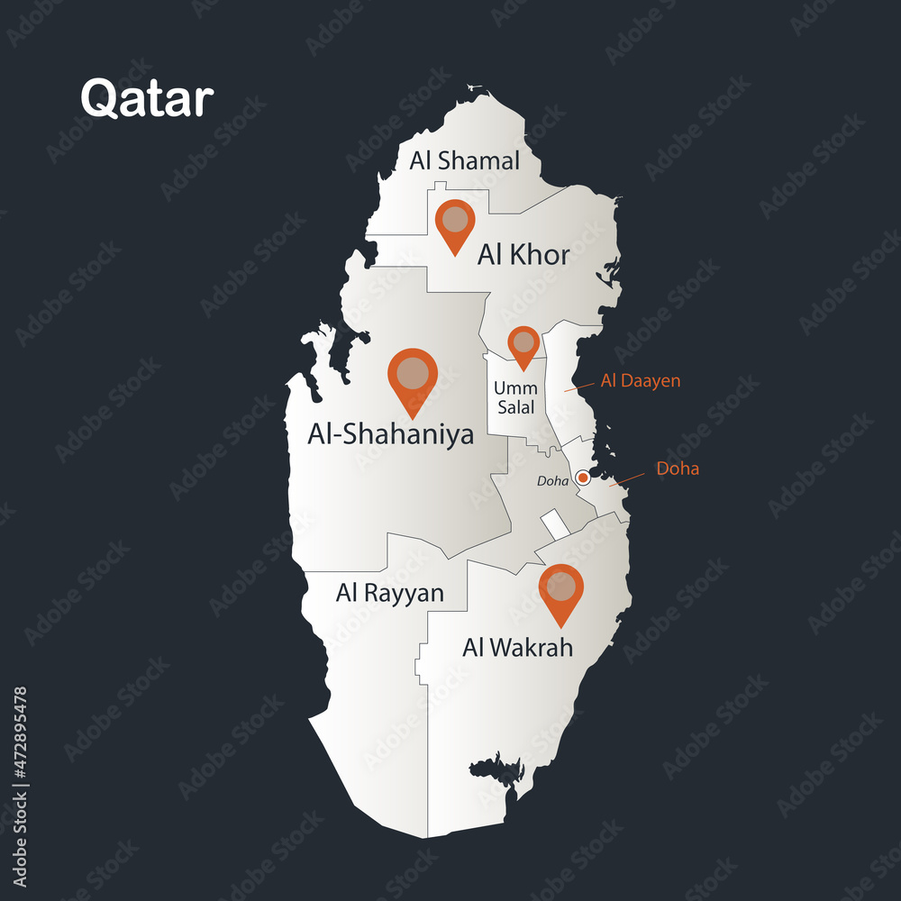 Qatar map, Infographics flat design colors snow white, with names of ...