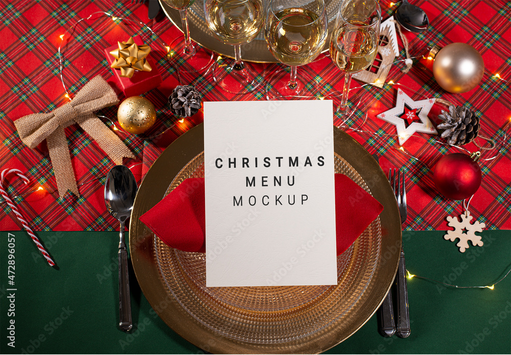 One Page Christmas Menu on Restaurant Table with Holyday Decoration ...